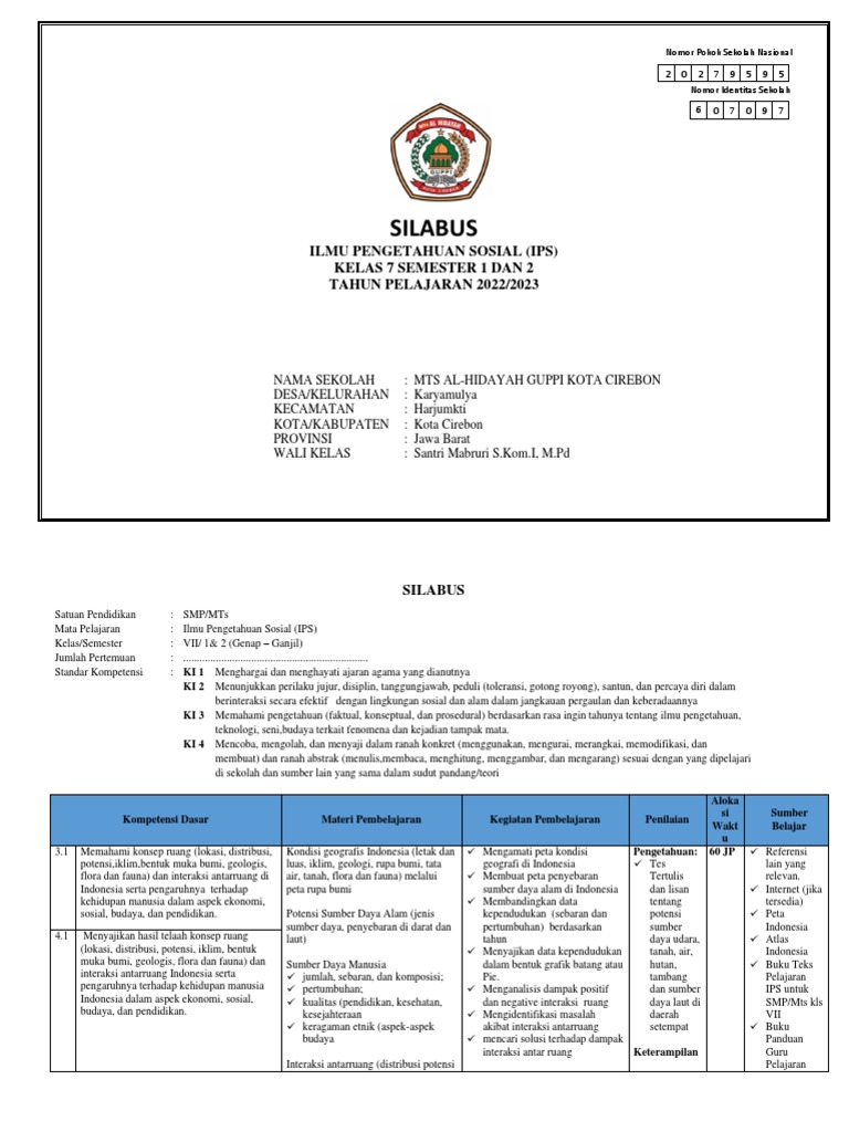 Silabus Mts Al Hidayah - 081845 FIX | PDF