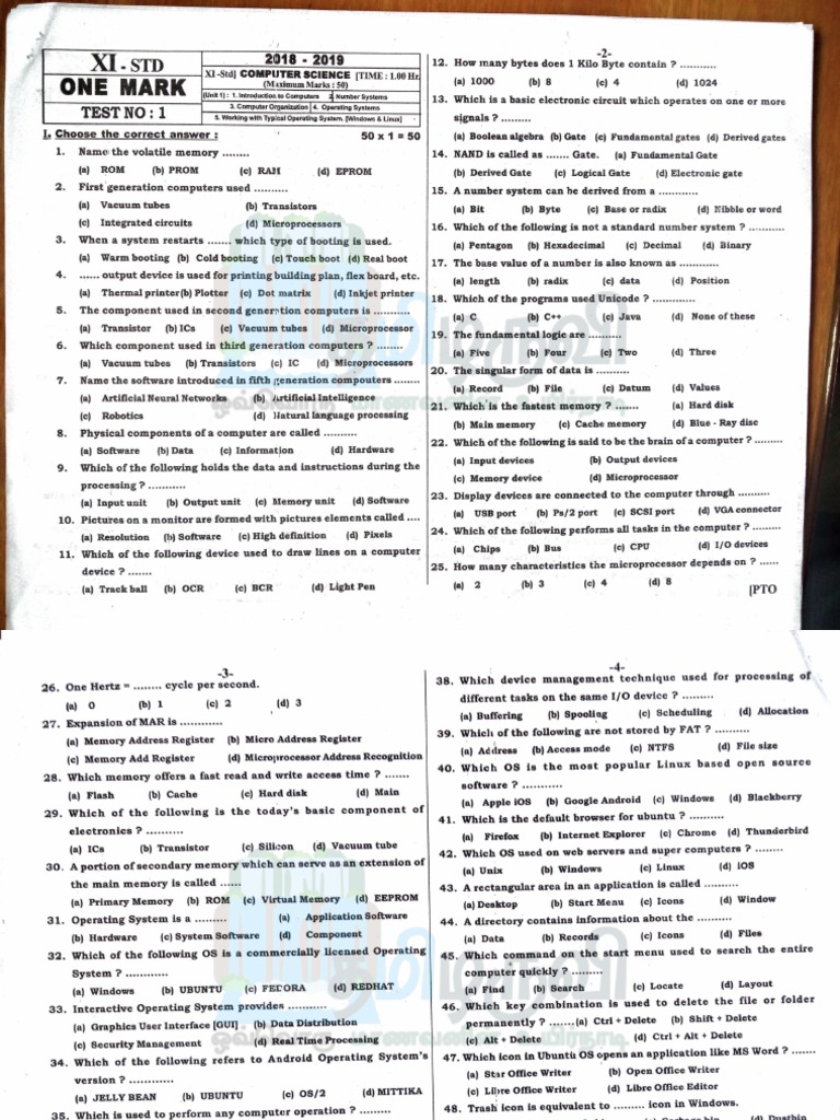 11th Computer Science - 1 Mark Test Question Papers With Answers Mr. M ...