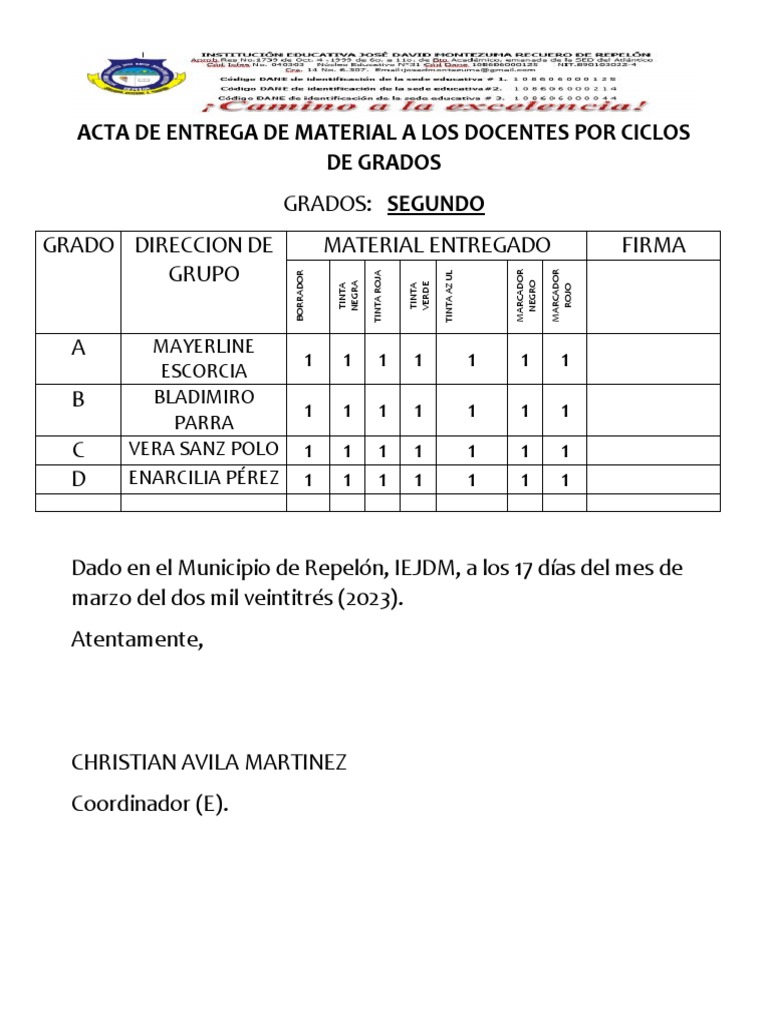 ACTA DE ENTREGA DE MATERIAL A LOS DOCENTES POR CICLOS DE GRADOS | PDF