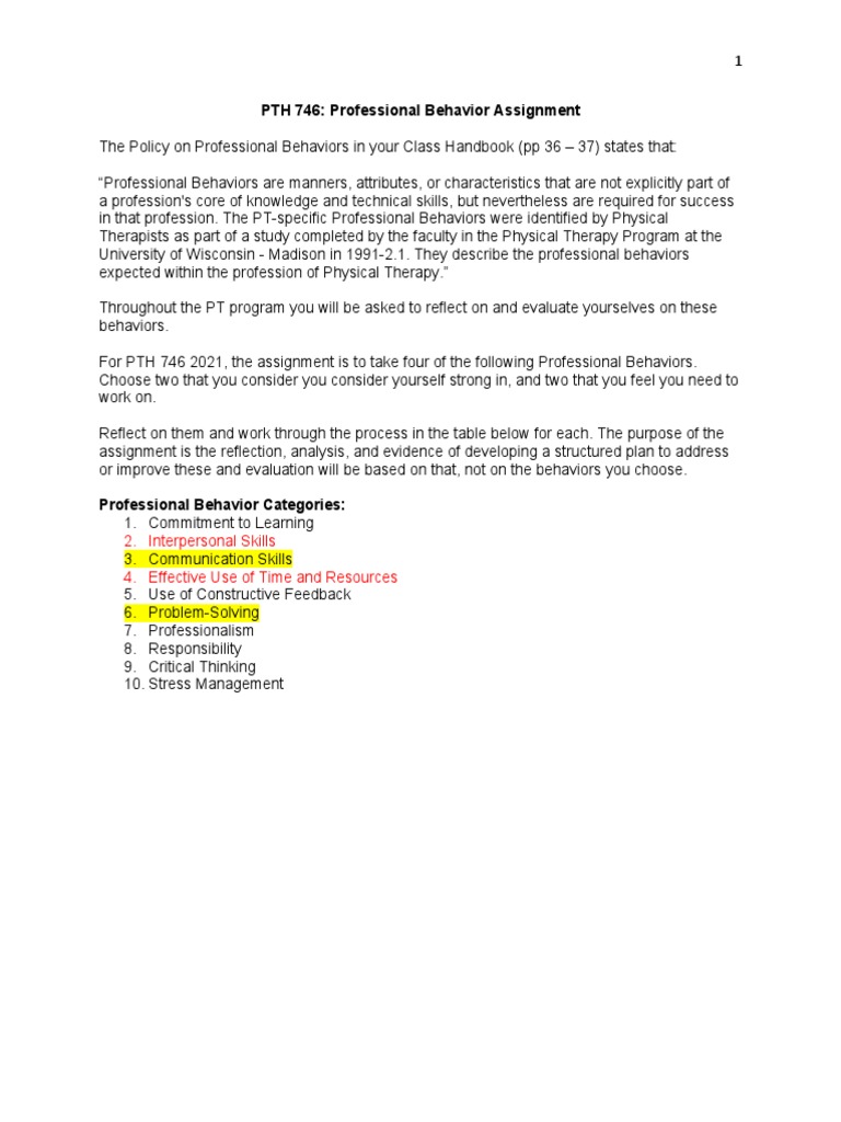 PTH 746 Professional Behaviors Assignment | PDF | Psychotherapy | Physical Therapy