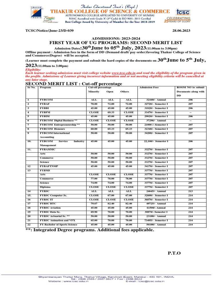 TCSC Second Merit List Admissions 2023 | PDF | Technology & Engineering
