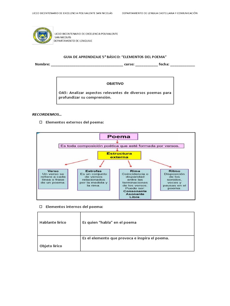 Guia de Aprendizaje 5° Básico: "Elementos Del Poema" Nombre: - Curso ...