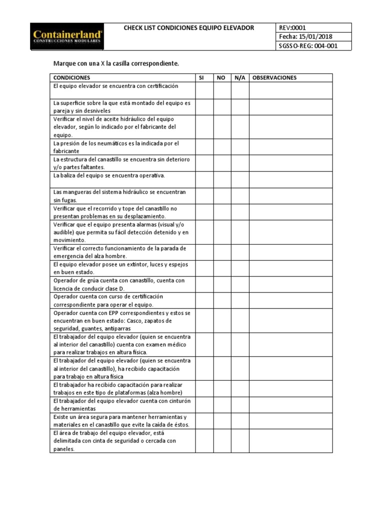 Check List Condiciones Equipo Elevador | PDF
