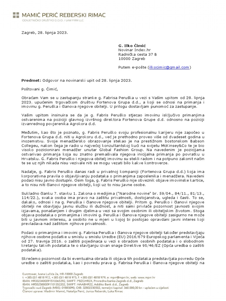 Dopis Odvjetnika Fabrisa Peruška | PDF