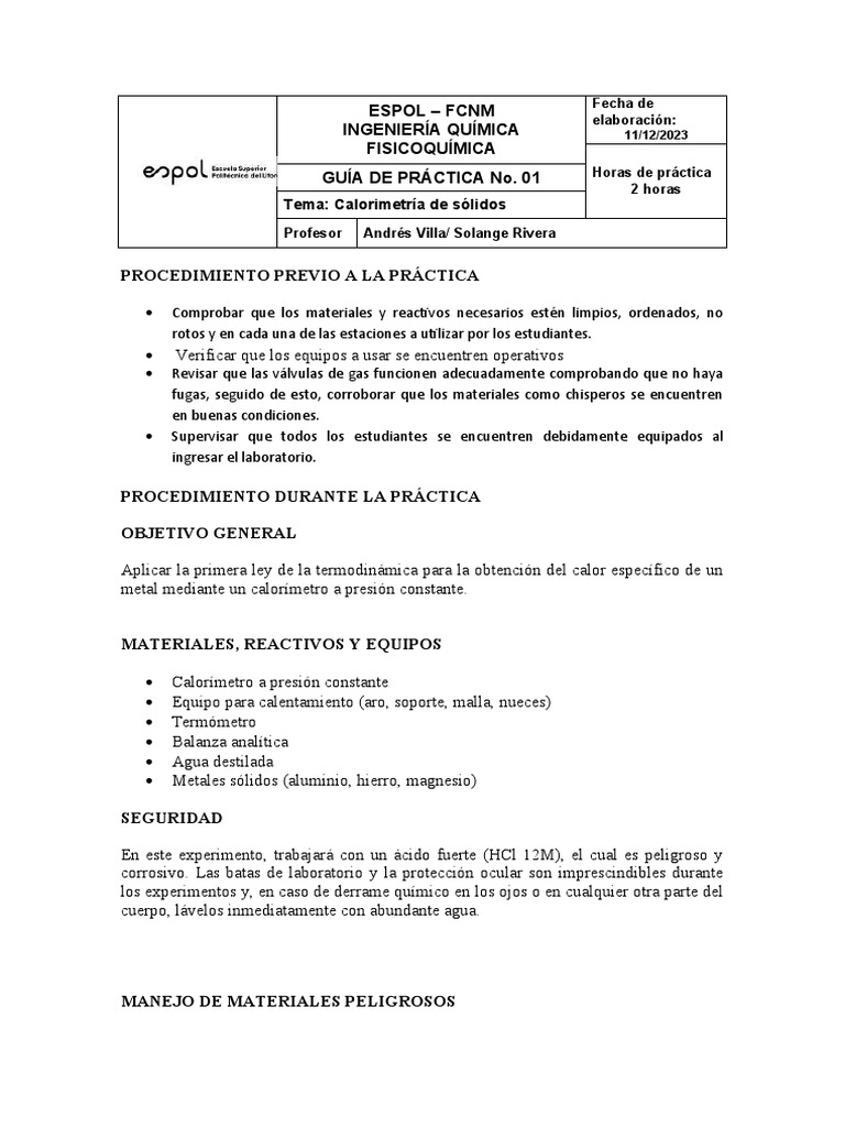 Practica 1 - Calorimetría de Sólidos | PDF | Calor | Temperatura