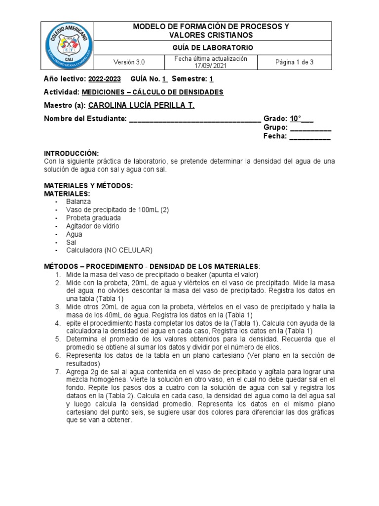 10° Guía de Laboratorio - Mediciones - Densidad | PDF | Densidad | Agua