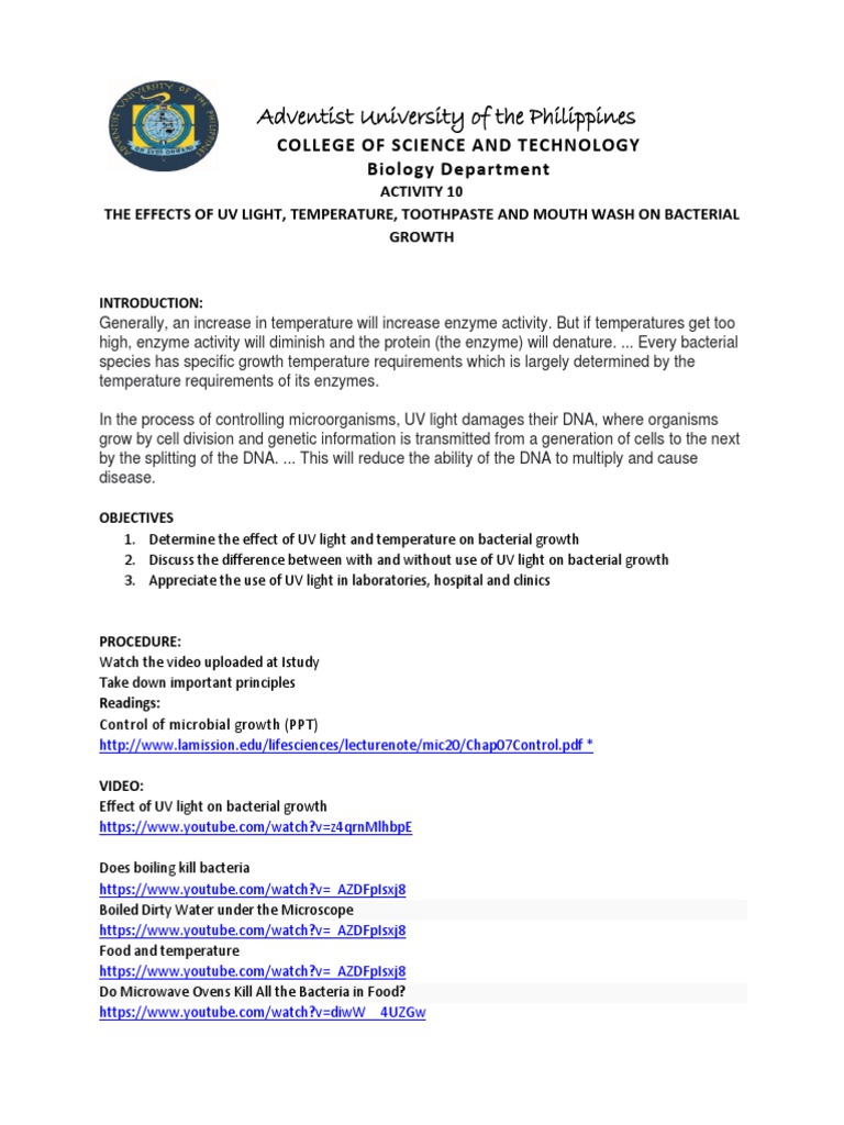 10 Effect of UV Light and Temperature On Bacterial Growth | PDF ...