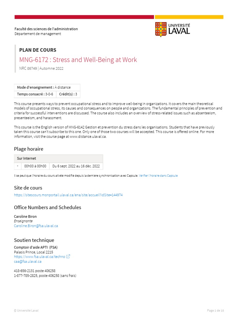 MNG-6172: Stress and Well-Being at Work: Plan de Cours | PDF | Occupational Stress | Risk