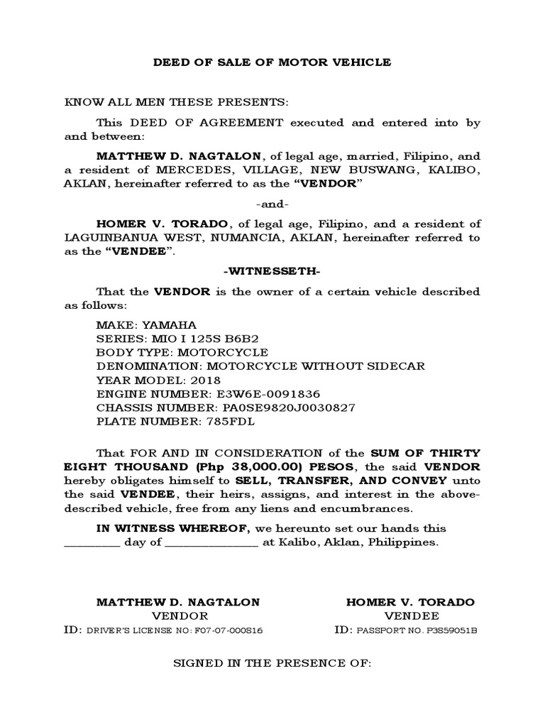 Deed of Sale of Motor Vehicle With Franchise | PDF