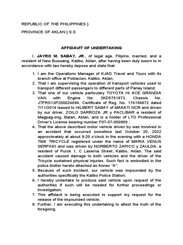 Affidavit of Undertaking | PDF | Affidavit | Transport