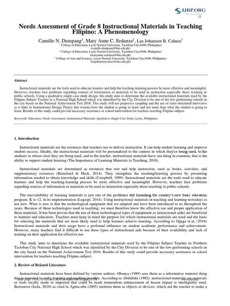 Needs Assessment of Grade 8 Instructional Materials in Teaching Filipino: A Phenomenology ...