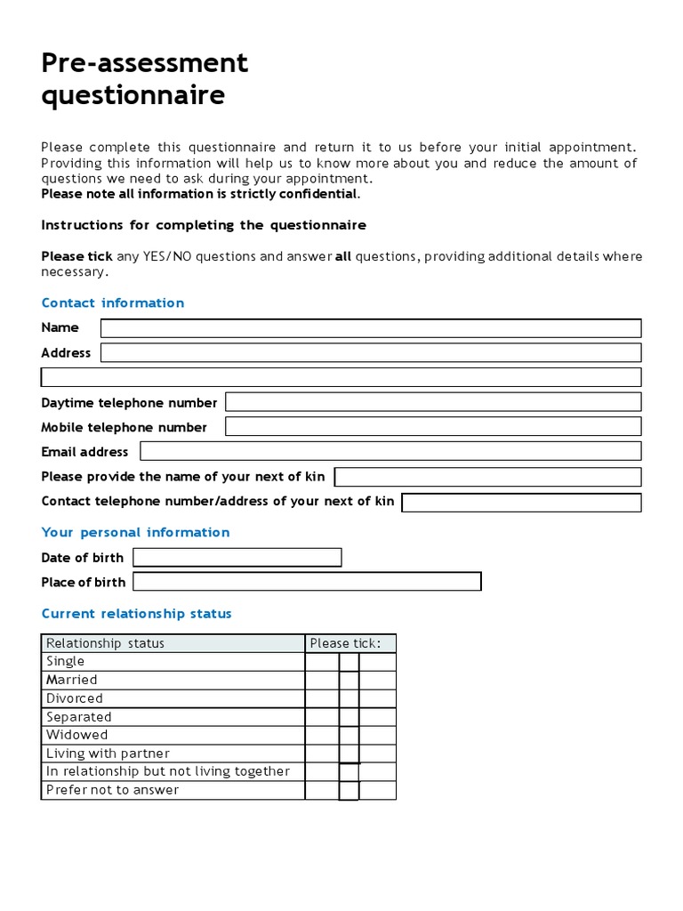 Personality Disorder Pre-Assessment Questionnaire | PDF | Mental Disorder | Spectrum Disorder