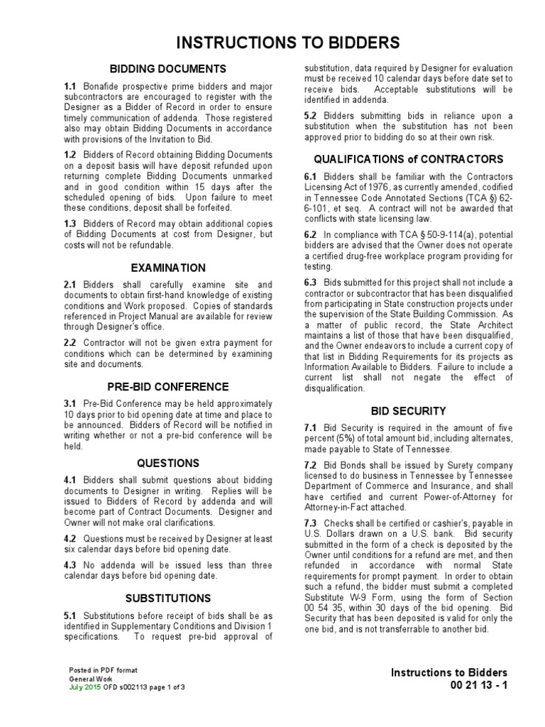 Instructions for Bidders: Key Guidelines | PDF | General Contractor ...