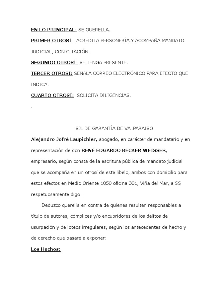 Querella Usurpación René Becker | Descargar gratis PDF | Queja | Derecho penal