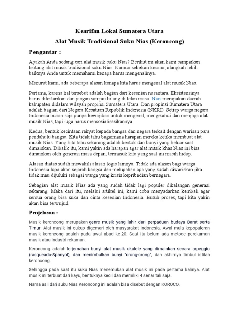 Alat Musik Tradisional Suku Nias | PDF