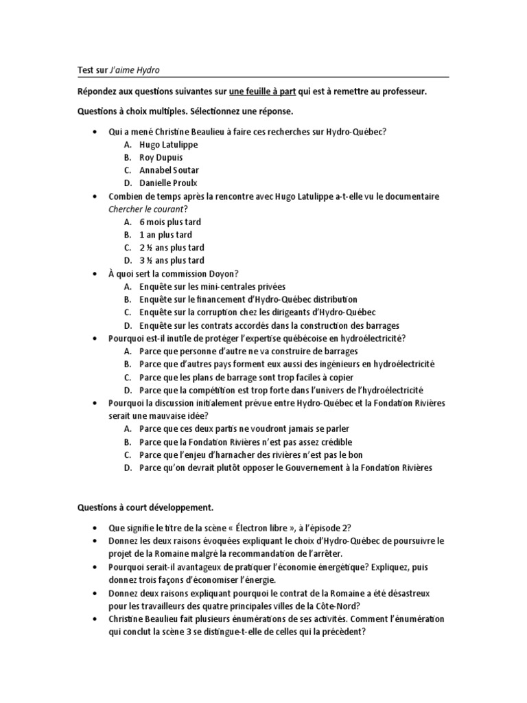 Test sur "J'aime Hydro" | PDF | Sciences et mathématiques