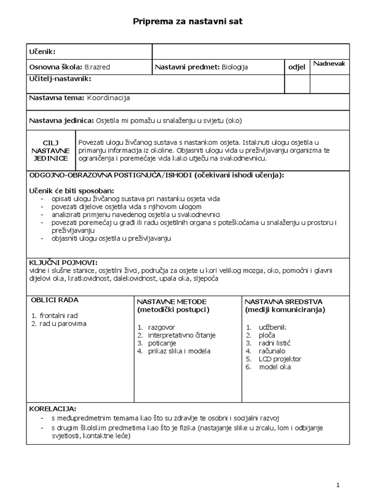 Priprema Za Nastavni Sat_Ljiljana Zovko | PDF