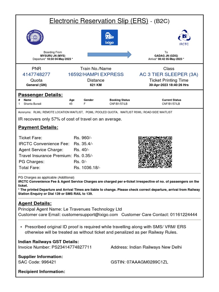 Electronic Reservation Slip (ERS) : 4147748277 16592/hampi Express Ac 3 ...