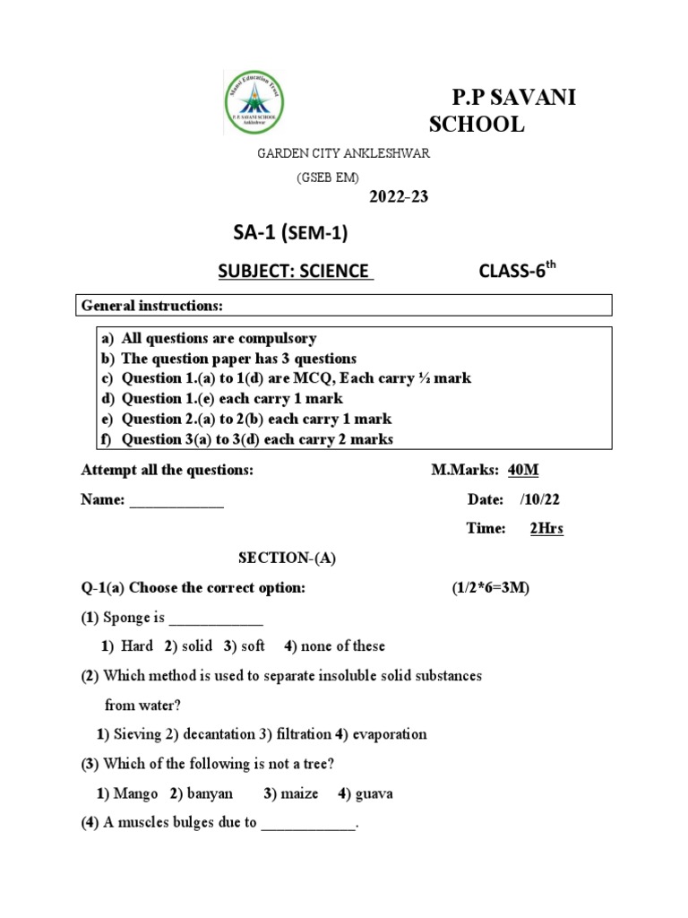 Class-6th Sa-1 Science Paper | PDF