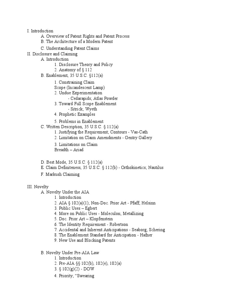 Patent Law Outline Draft 1 | PDF | Patent | Patent Claim