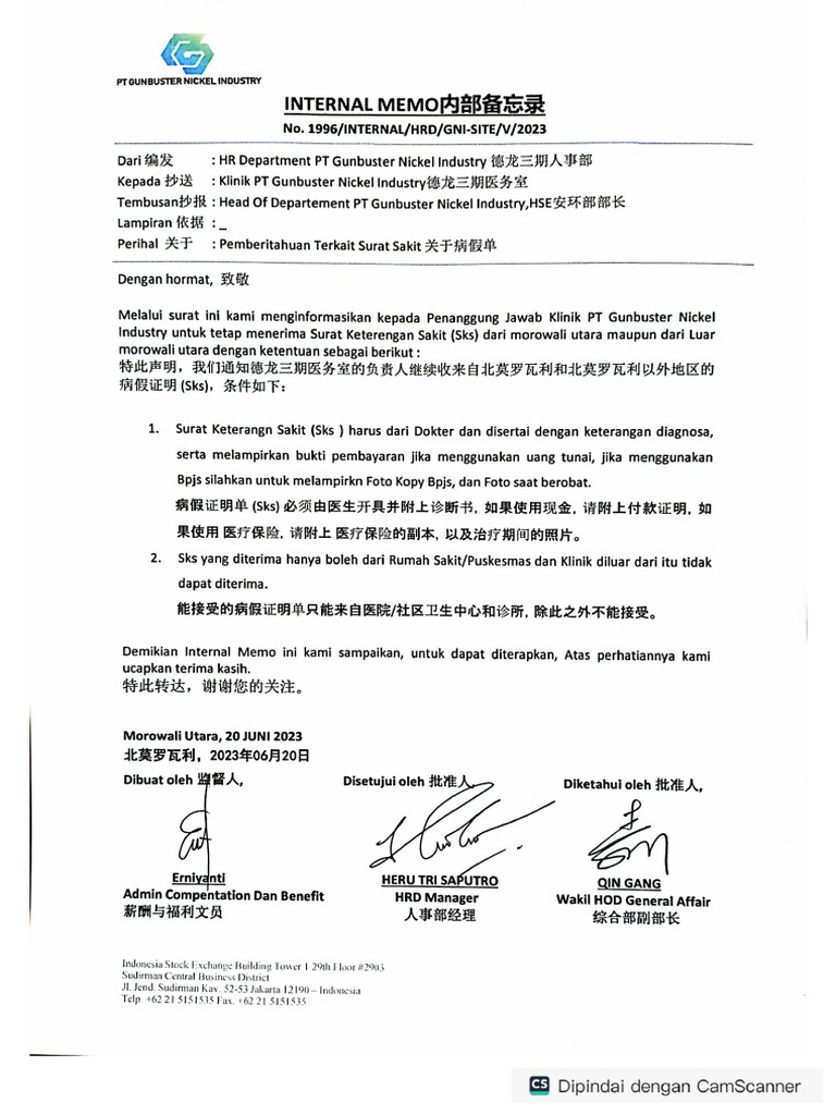 Internal Memo Pemberitahuan Terkait Surat Sakit | PDF