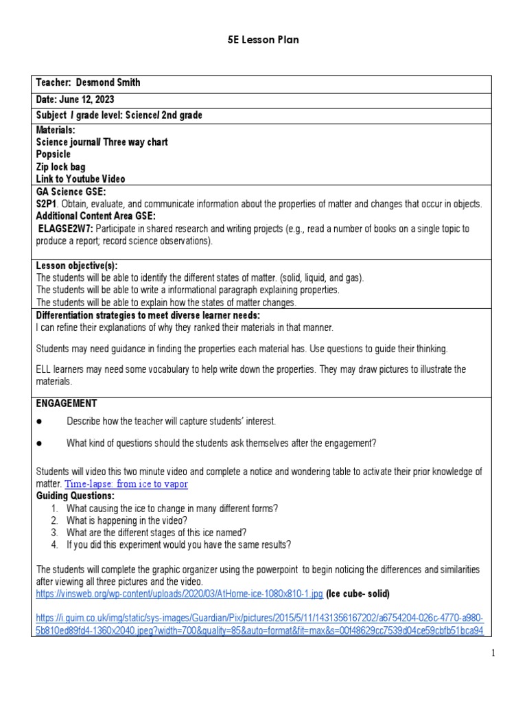 Desmond Smiths 5e Science Lesson Plan | PDF | Lesson Plan | Matter