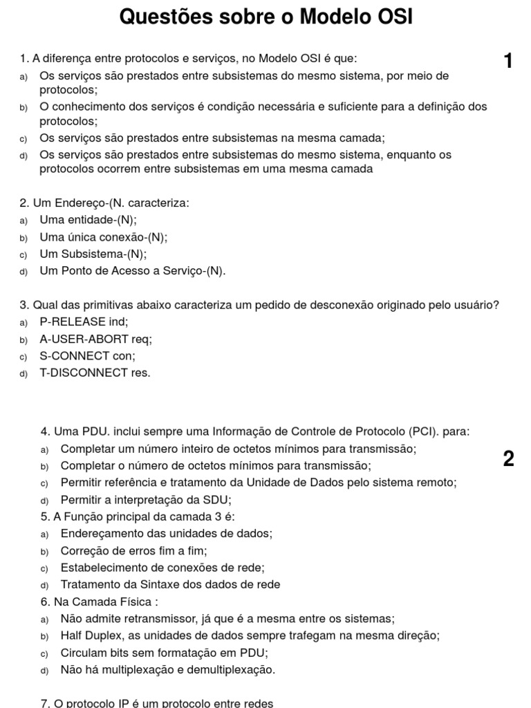 Aula2 Modelo OSI - Exercícios | PDF | Modelo OSI | Rede de computadores