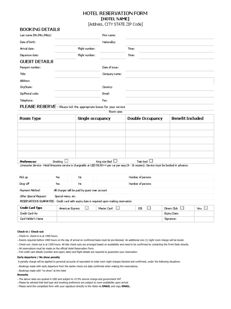 Hotel Reservation Form | PDF | Credit Card | Service Industries