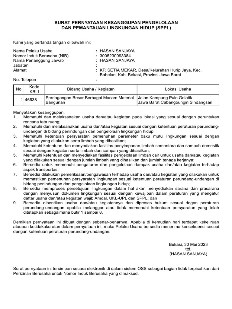 Surat Pernyataan Kesanggupan Pengelolaan Dan Pemantauan Lingkungan ...