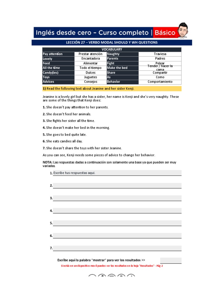 Lección 27 - Verbo Modal Should y WH Questions | PDF