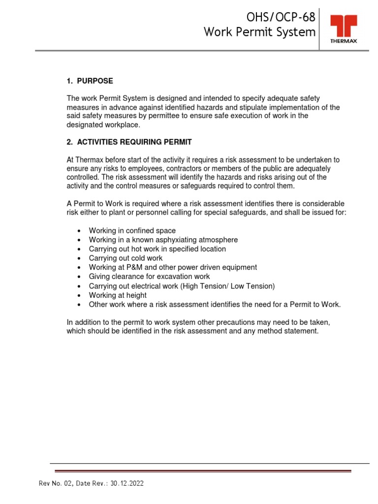 Ocp 68 Work Permit System Pdf Occupational Safety And Health Risk Assessment