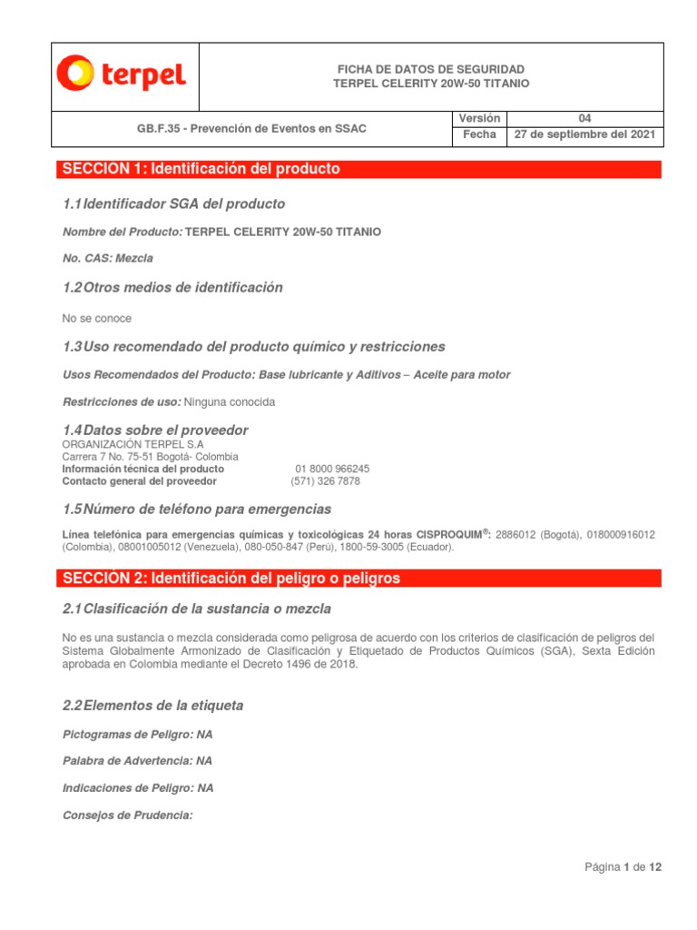 Hoja de Seguridad Terpel 20w50 4t | PDF | Agua | Residuos