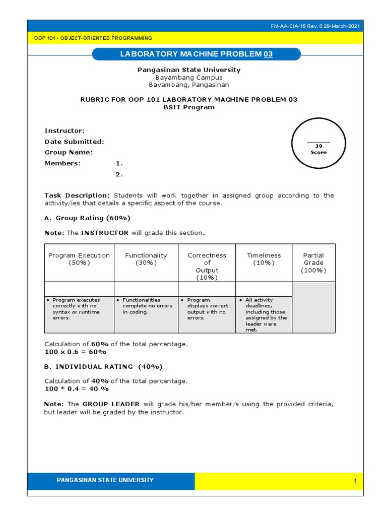 OOP - 101 Lab. Machine Problem 03 Rubric | PDF | Computer Program | Programming