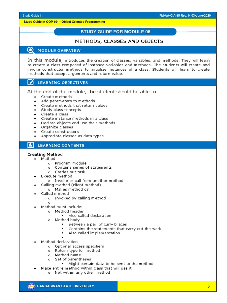 Module 06 Methods Classes And Objects Pdf Method Computer Programming Class Computer