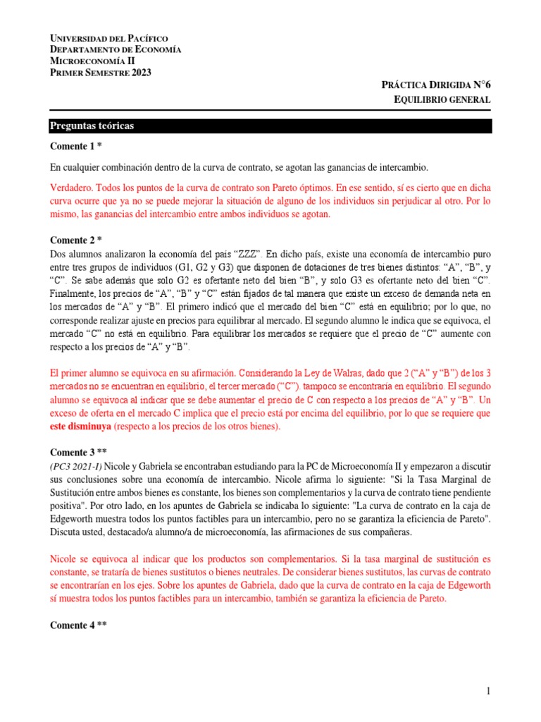 Microeconomía II - PD6 - 2023-I Solucionario | PDF | Microeconomía | Eficiencia de Pareto