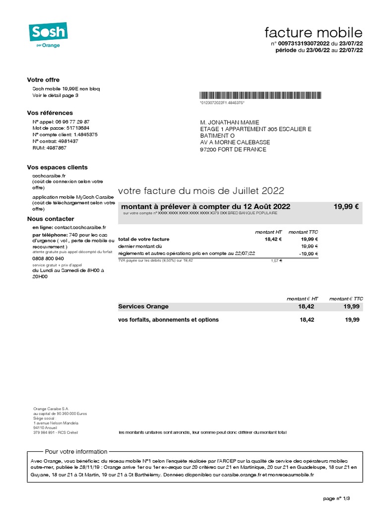Facture Sosh Mobile Juillet 2022 | PDF | Taxe sur la valeur ajoutée ...