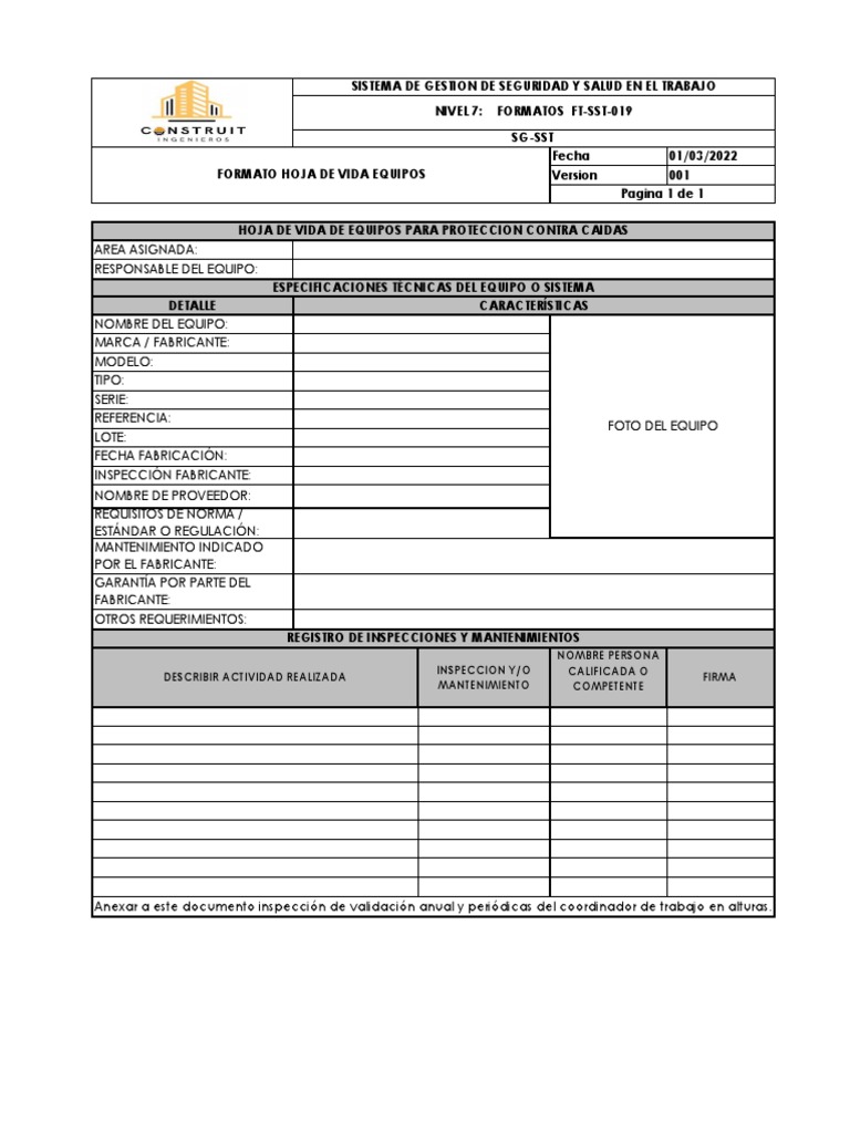 Formato Hoja De Vida De Equipos Pdf