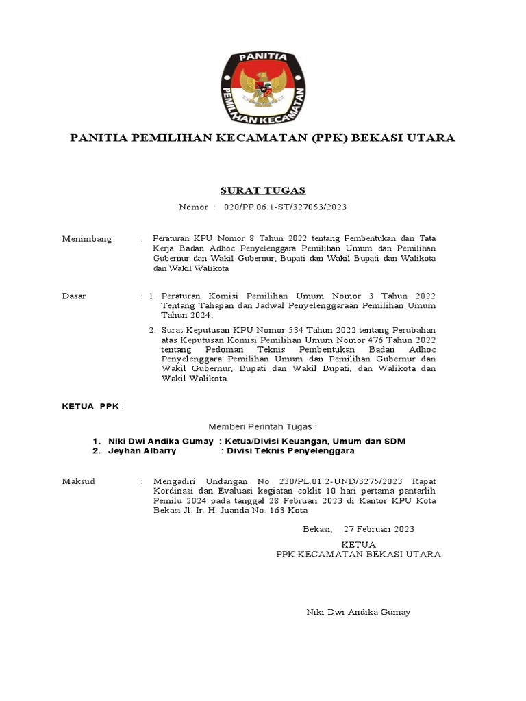 Surat Tugas PPK Kota Bekasi Datin | PDF