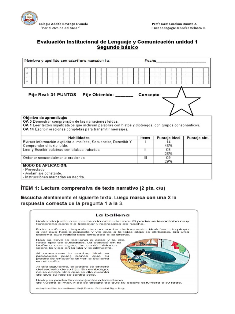 PRUEBA LENGUAJE Institucional Caro Duarte 2 Basico | Descargar gratis ...