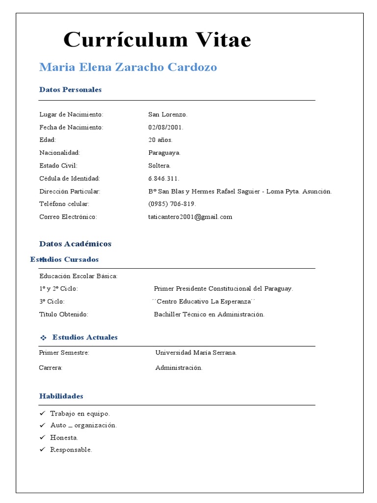 Currículum Vitae: Maria Elena Zaracho Cardozo | PDF