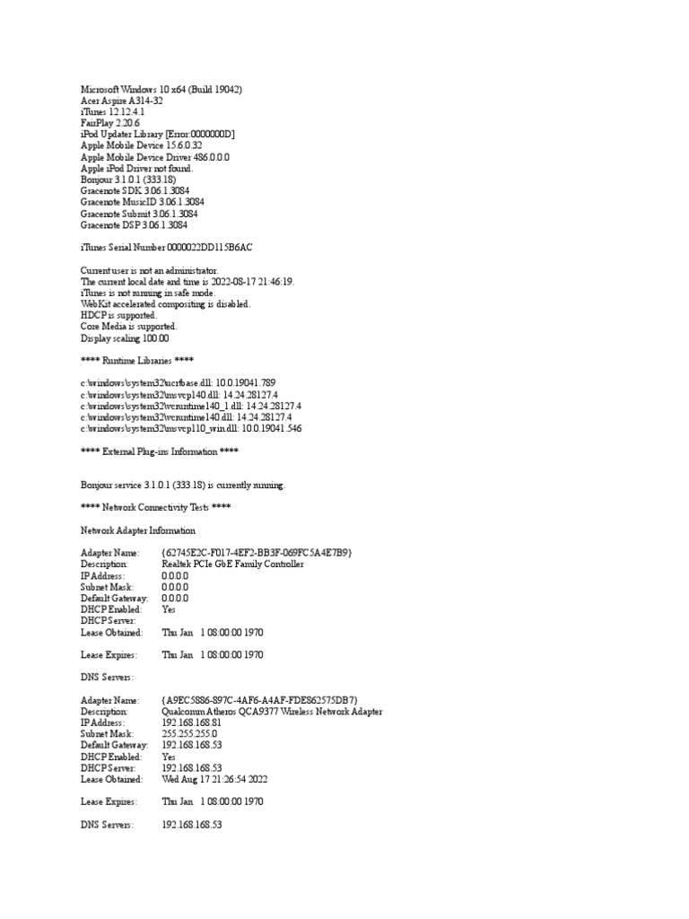 Itunes Diagnostics | PDF | Computer Network | I Tunes