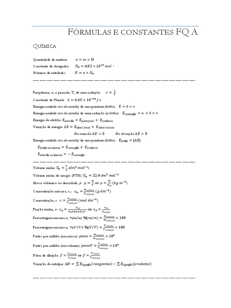 Fórmulas e constantes FQ A | PDF | Resistência elétrica e condutividade ...