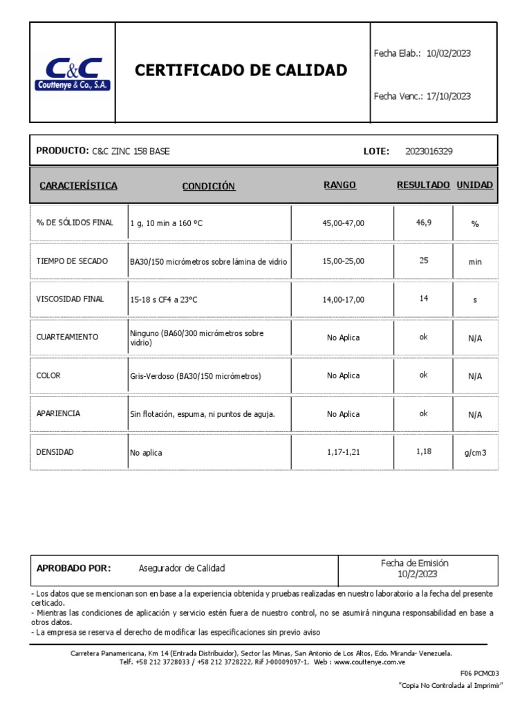 Certificado de Calidad 2023016329 | PDF