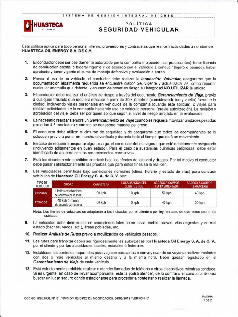 HSE - Pol.n1.01 Política de Seguridad Vehicular | PDF