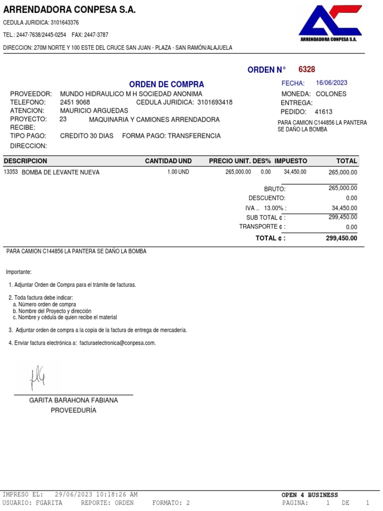 Orden #Orden de Compra: Cantidad UND Precio Unit. Des% Impuesto Total ...