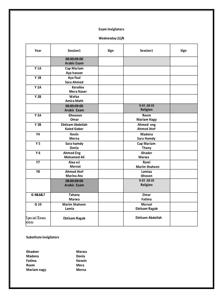 Invigilators Timetable t3-1 | PDF