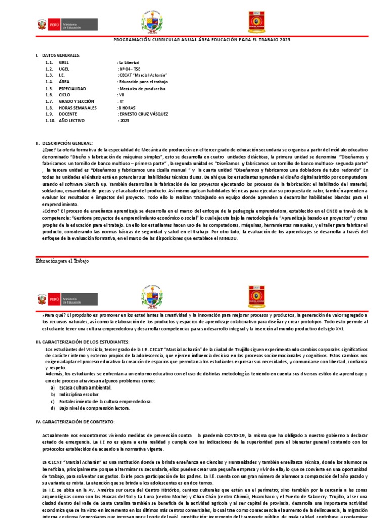 Programación Curricular Anual 4º Grado - Área Ept 2023 | PDF | Aprendizaje | Iniciativa empresarial