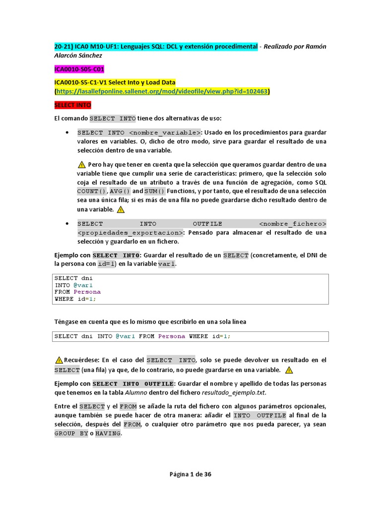 Comandos SQL: SELECT INTO y LOAD DATA | PDF | Ingeniería de software | Datos de computadora