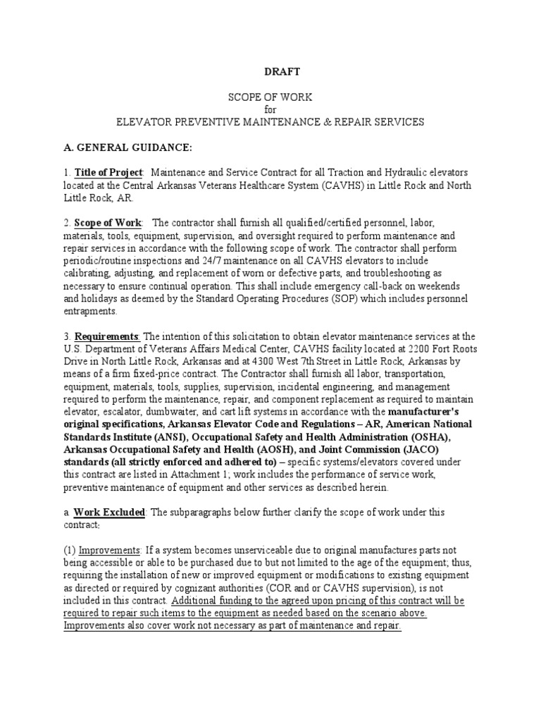 SCOPE OF WORK For ELEVATOR PREVENTIVE MAINTENANCE & REPAIR SERVICES ...