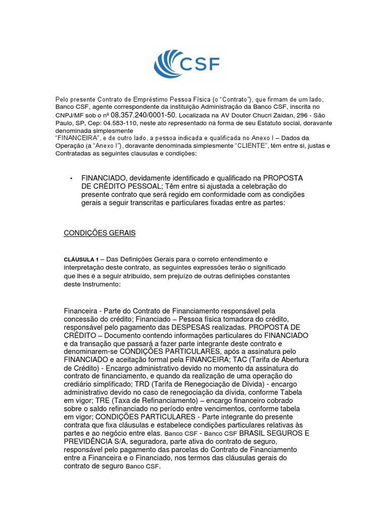Contrato Banco CSF. | PDF | Crédito | Finanças e Administração de Capital